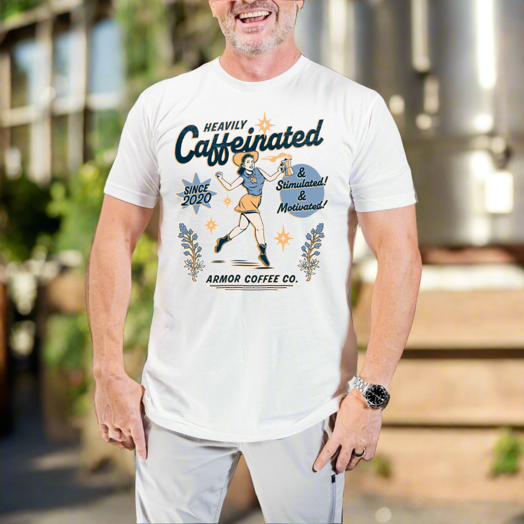 Heavily Caffeinated T-Shirt - White Comfort Color – Armor Coffee Company